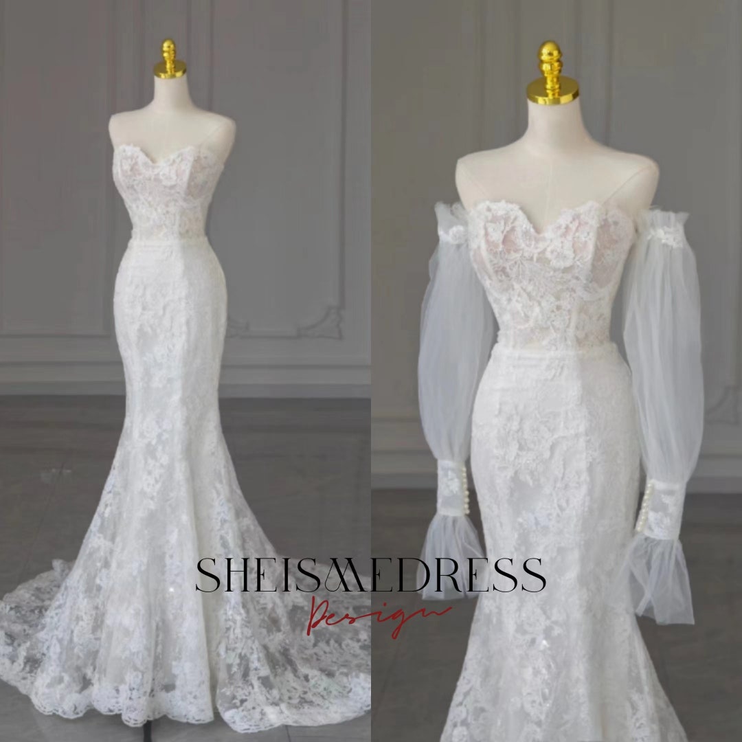 Ivory Lace off Shoulder Long Sleeves Mermaid Wedding Dress With ...