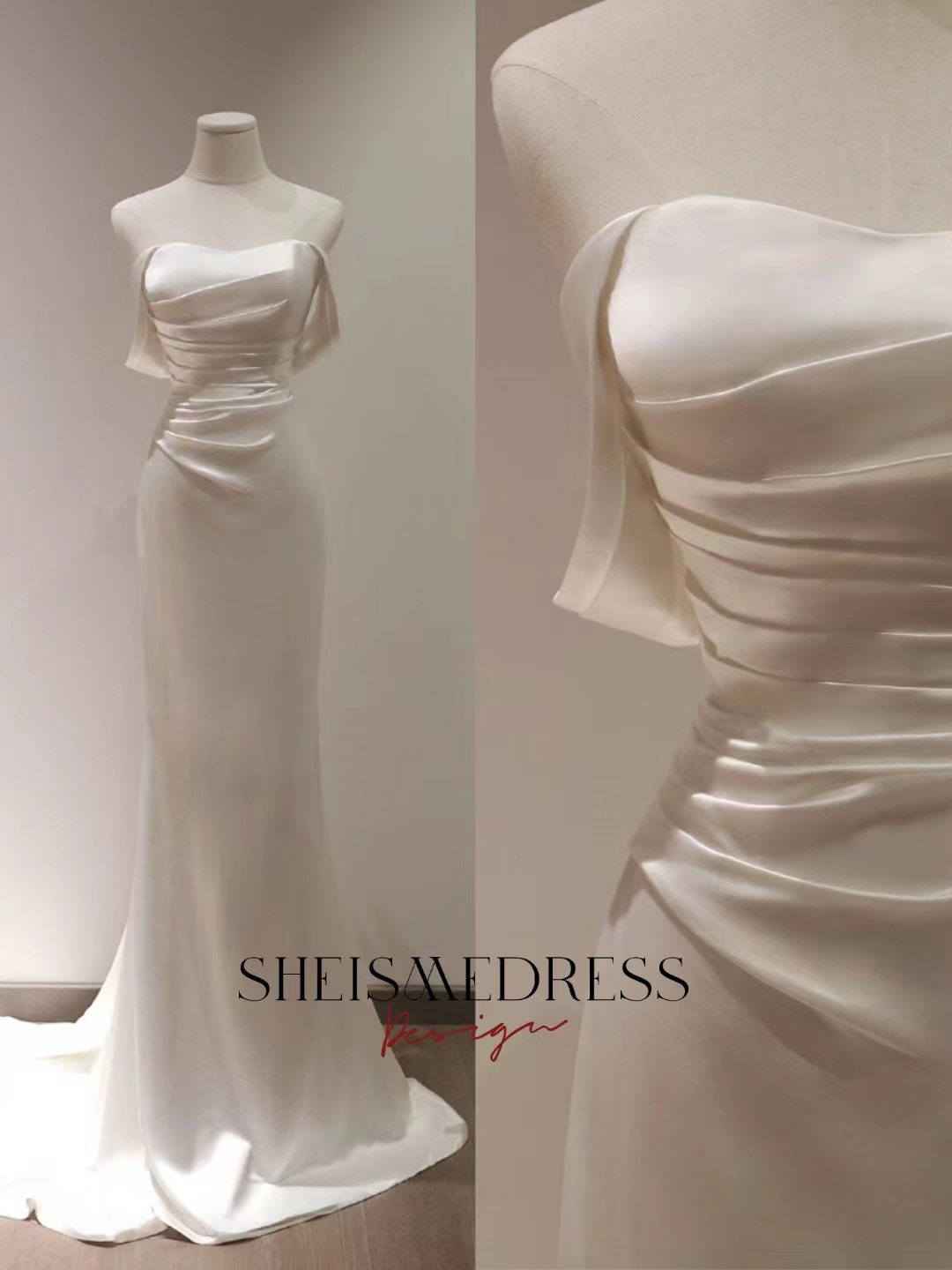 Satin Bandeau Midi Wedding Dress, Wedding Guest Satin Wedding Gwon ...