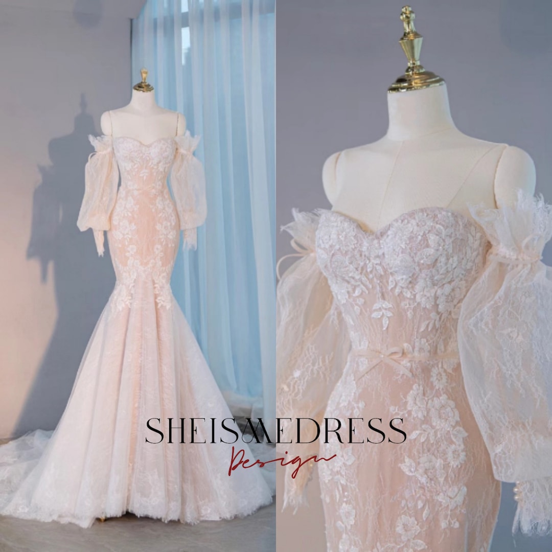 Strapless Wedding Dress With Removable Puff Sleeves, Beaded Sparkling ...