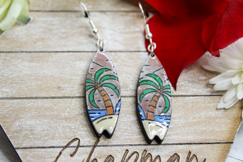 Palm Tree Surf Board Shaped Laser Earring File / Engraved - Etsy