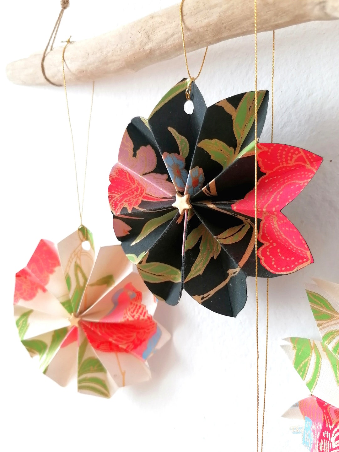 Set Od 4 Origami Christmas Tree Ornaments, Origami Star, Origami Flower ...