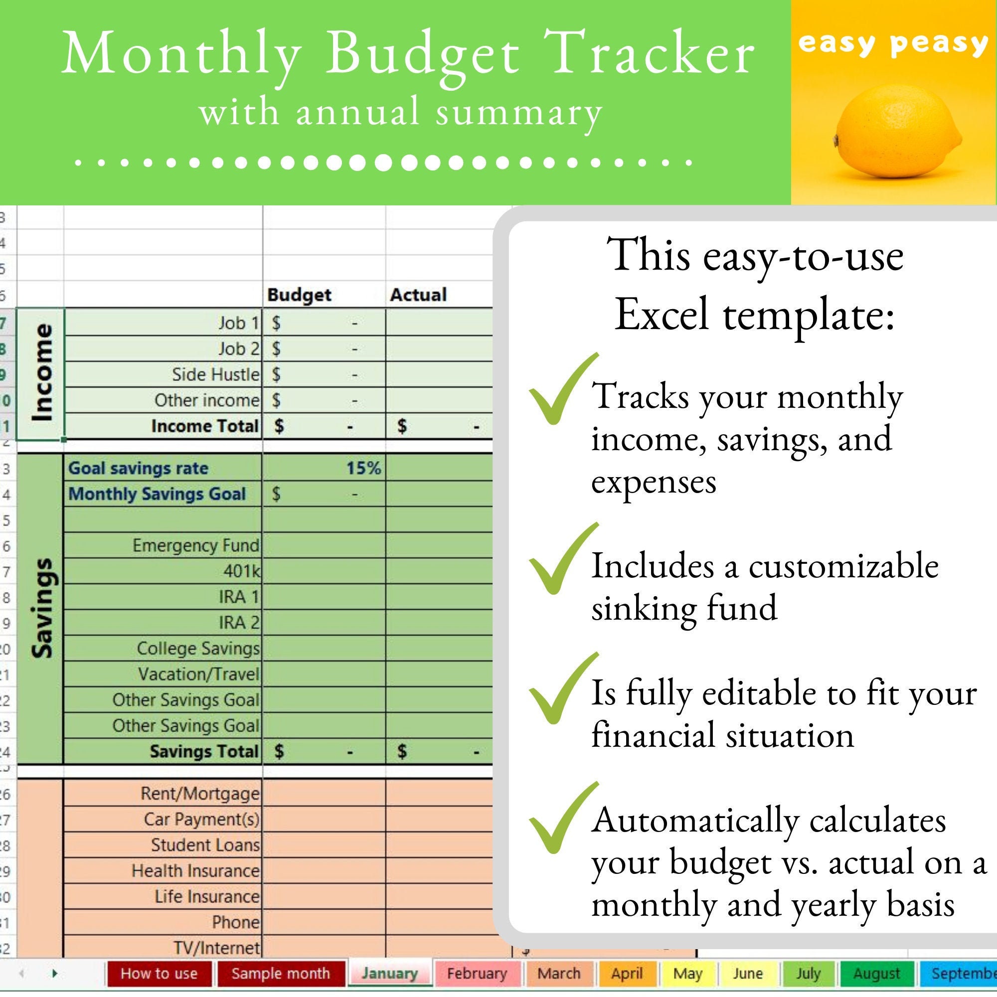 12-month Simple Budget Tracker Template, Fully Editable Worksheet ...