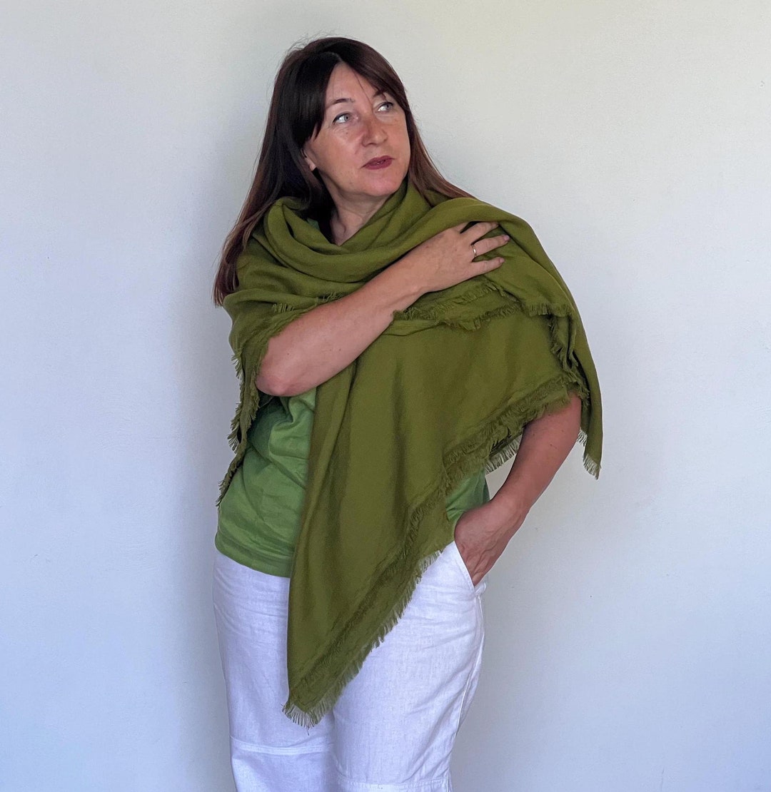 Olive-green Colour Linen Shawl, Natural Soft Washed Linen Scarf, Linen ...
