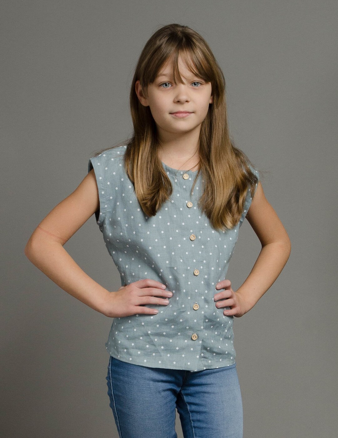 Girls Linen Shirt With Wooden Buttons, Sleeveless Linen Summer Blouse ...