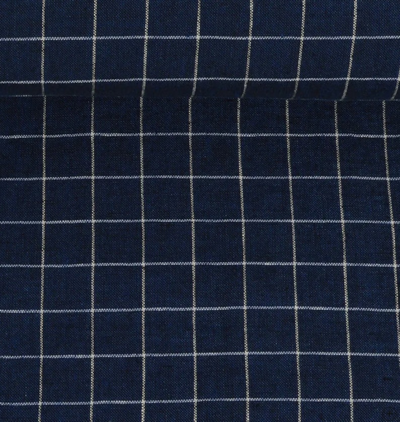 Navy Blue Check Linen Fabric by Meter OEKO-TEX Linen - Etsy