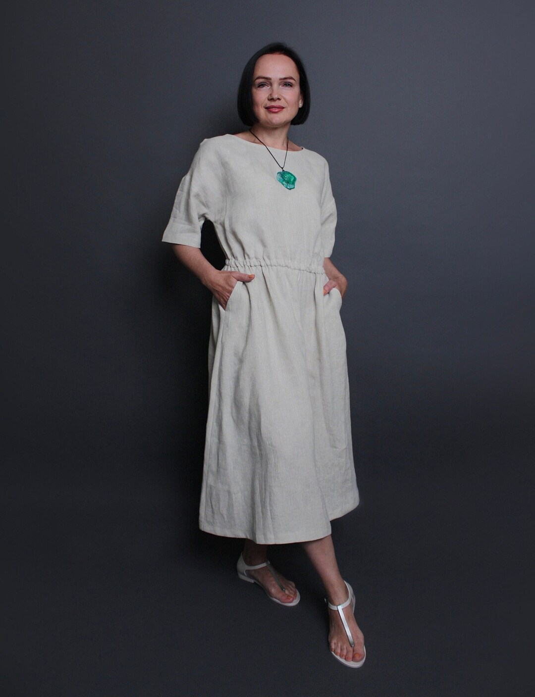 LUNA Elegant Long Linen Dress in Natural Color With Pockets, Summer ...