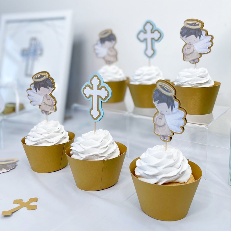 Christening, Cupcake Topper and Sleeve, Boy Christening Party ...