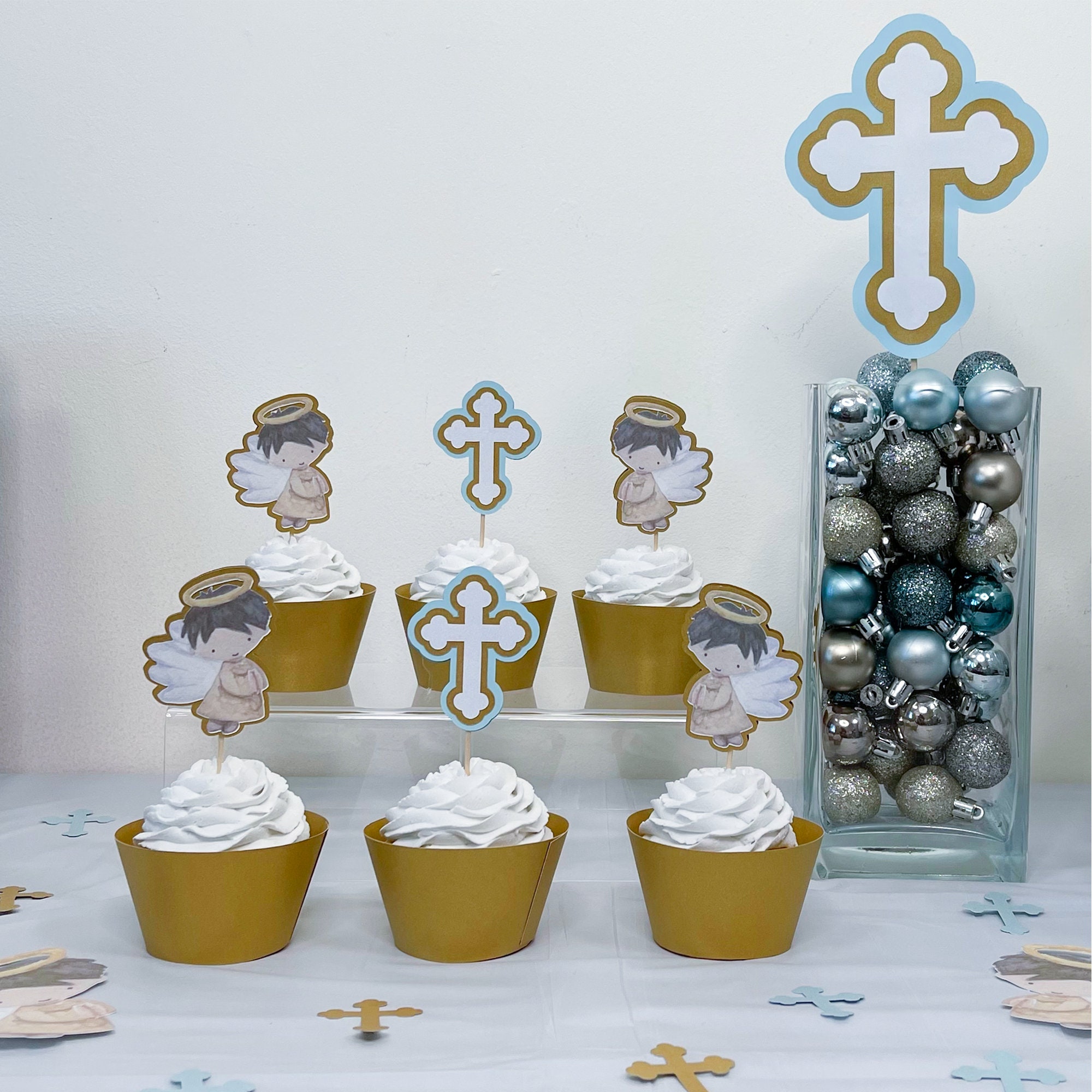Christening, Cupcake Topper and Sleeve, Boy Christening Party ...