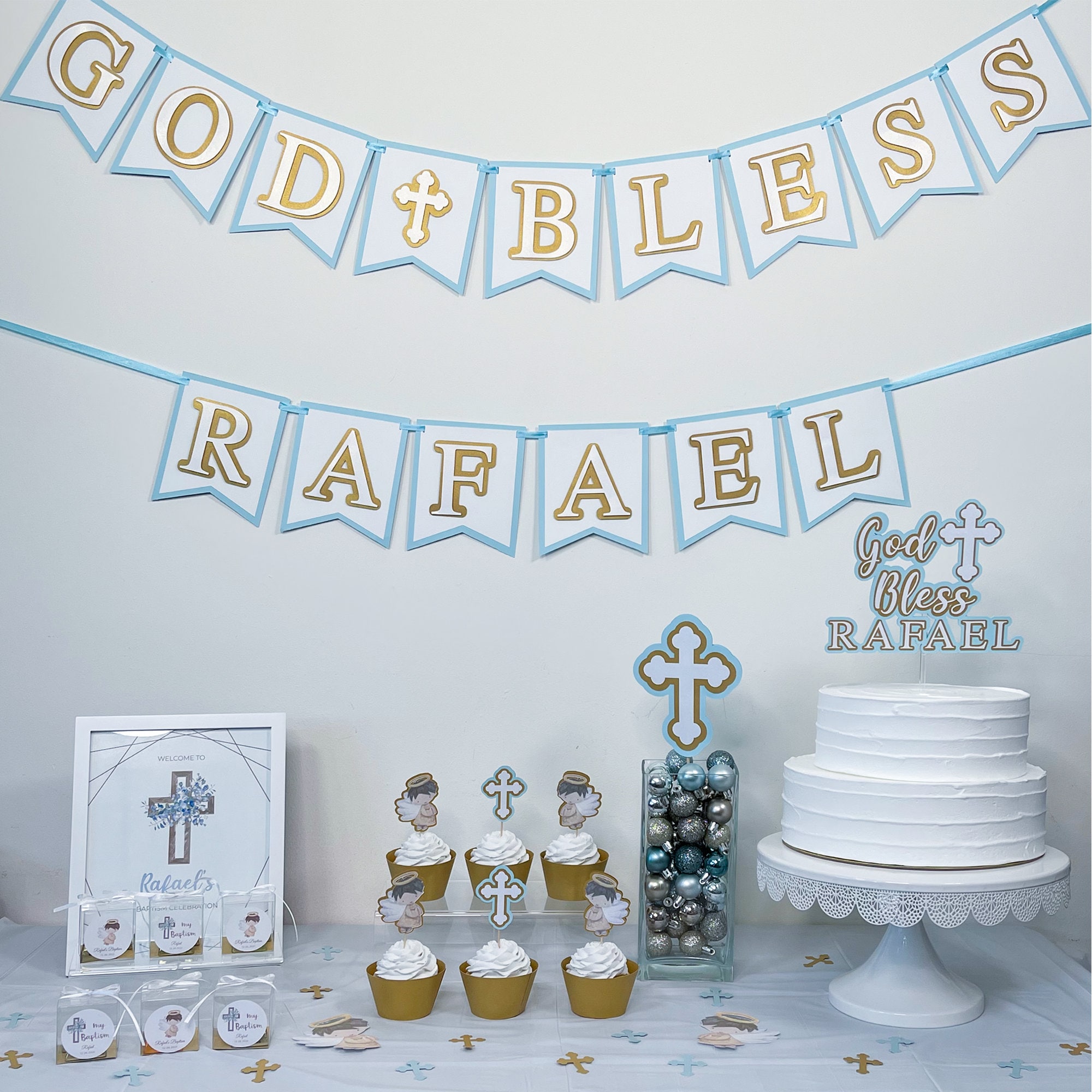 Christening, Cupcake Topper and Sleeve, Boy Christening Party ...