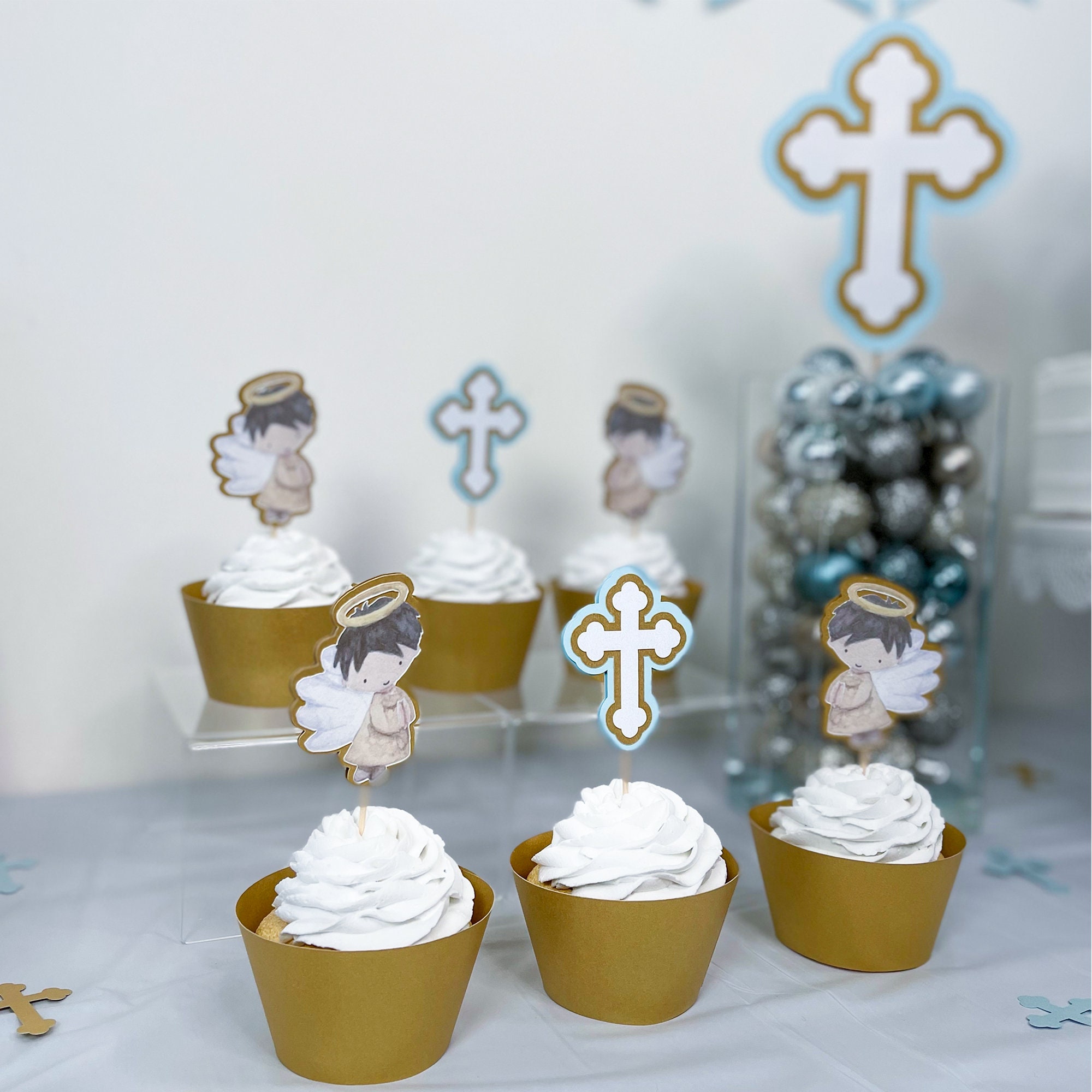 Christening, Cupcake Topper and Sleeve, Boy Christening Party ...