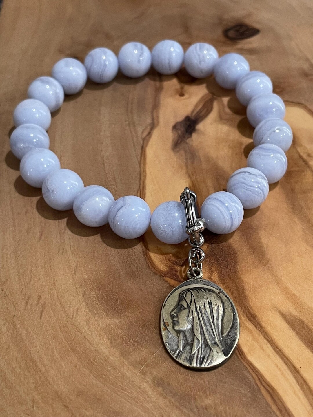 Antique Virgin Mary Medal Our Lady of Lourdes Blue Lace Agate ...