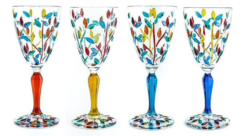 Set of Four Murano Glass Wine Multi Wine Blue Red Yellow Stem Hand ...