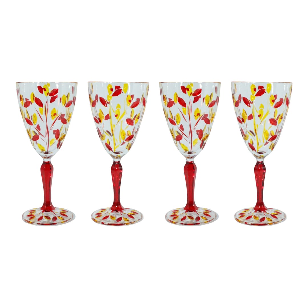 Set of Four 4 Murano Glasses Wine Red Yellow Floral Hand Painted Venice ...