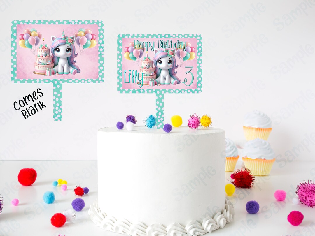 Rectangle Cake Topper, MSS, Unicorn, Birthday, Cake, Balloons, Digital ...