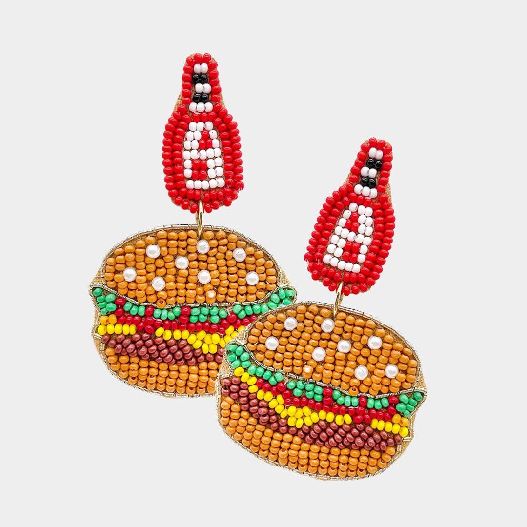 Beaded Ketchup With Burger Dangle Earrings, Beaded Burger Earrings - Etsy