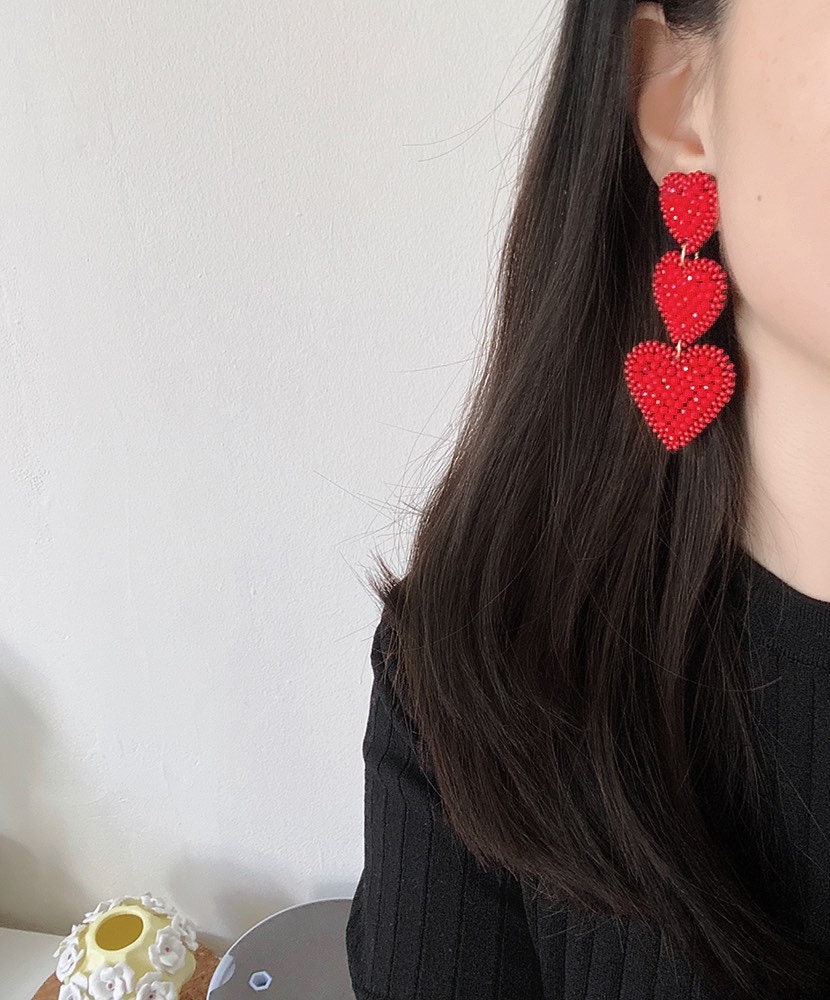 Beaded Triple Heart Earrings Heart Earrings Valentines Day - Etsy