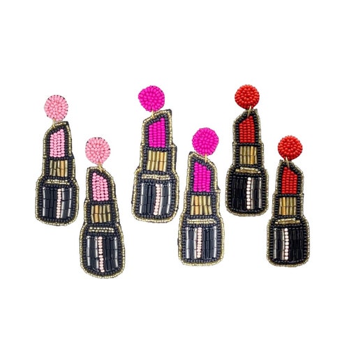 Beaded Lipstick Earrings Red Lipstick Earrings Pink Lipstick - Etsy