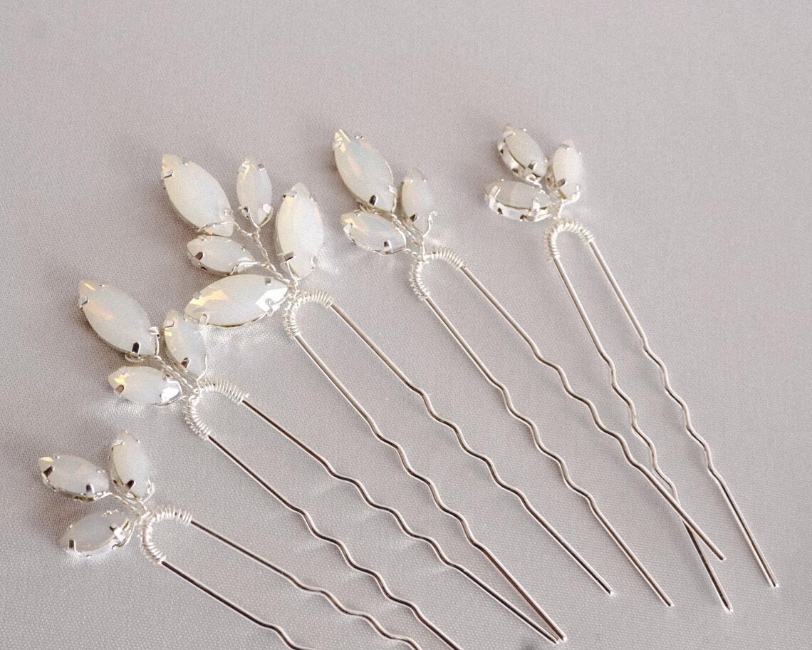 Set of 5 Silver Opal Stone Hair Pins, Moonstone Bridal Hair Pins ...