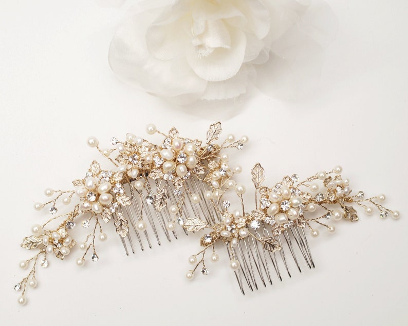 Set of 2 Gold Freshwater Pearl Bridal Hair Combs Floral - Etsy