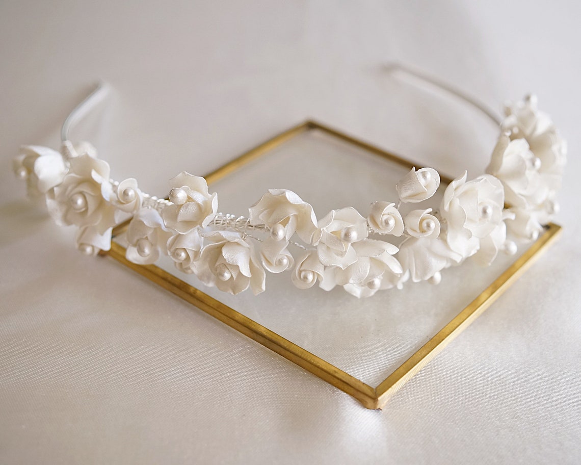 Clay Flower Tiara Floral Bridal Crown Floral Pearl Headband - Etsy