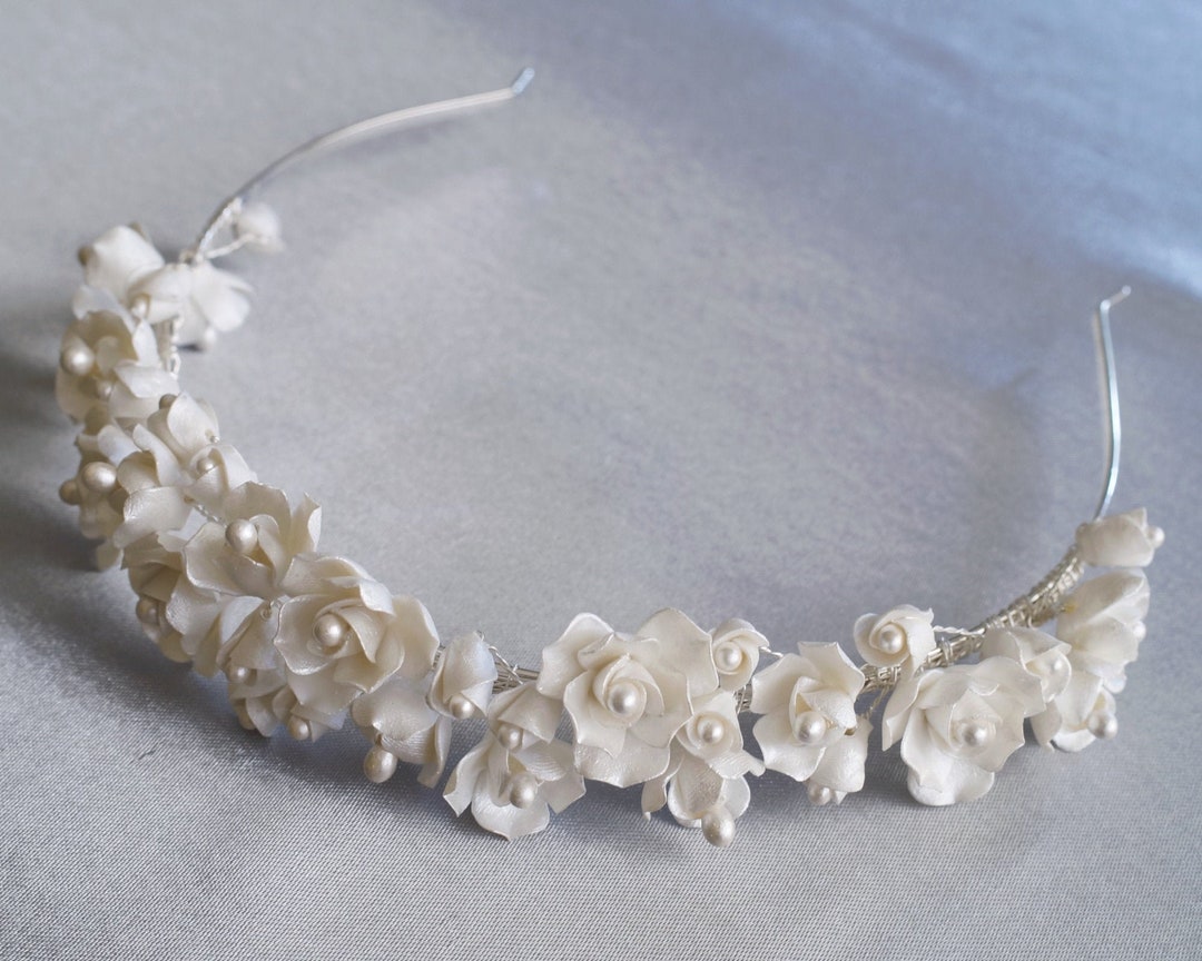 Clay Flower Tiara, Floral Bridal Crown, Floral Pearl Headband, Wedding ...