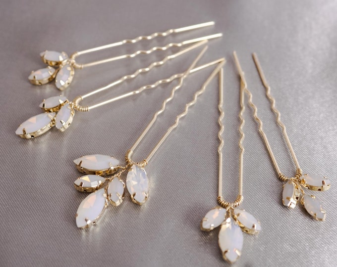 Set of 5 Gold Opal Stone Hair Pins, Moonstone Bridal Hair Pins, Gold ...