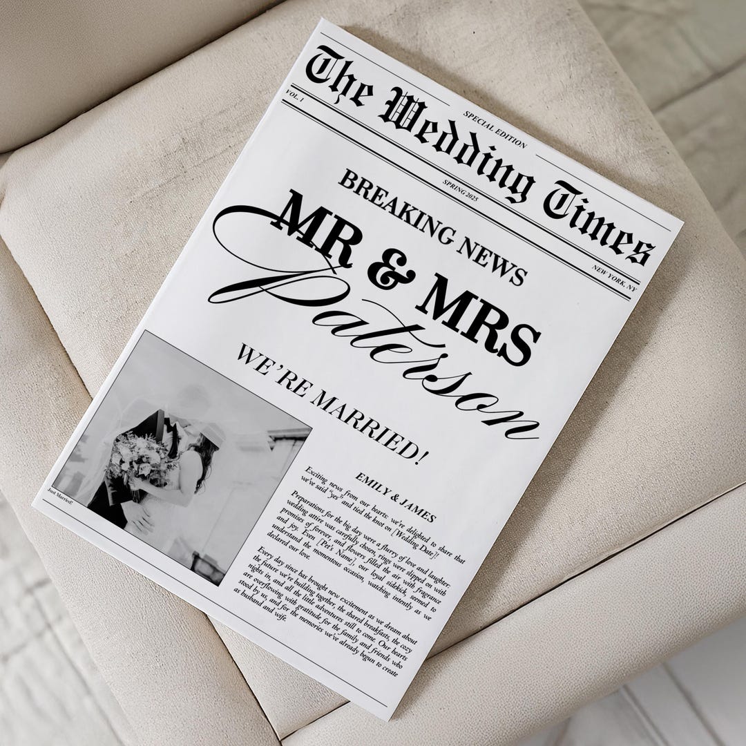 Newspaper Elopement Announcement Template, Custom Wedding Newspaper ...
