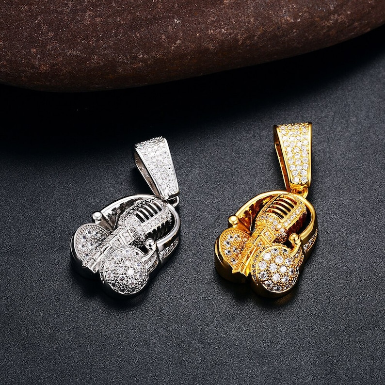 Iced Out Microphone & Headphone Pendant Charm 18k Gold With - Etsy