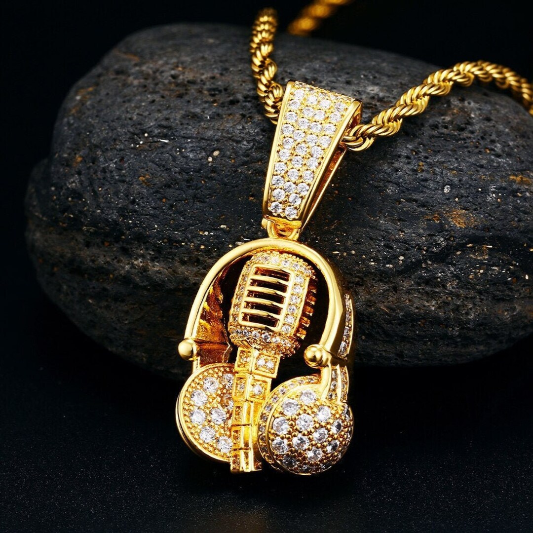 Iced Out Microphone & Headphone Pendant Charm 18k Gold With - Etsy