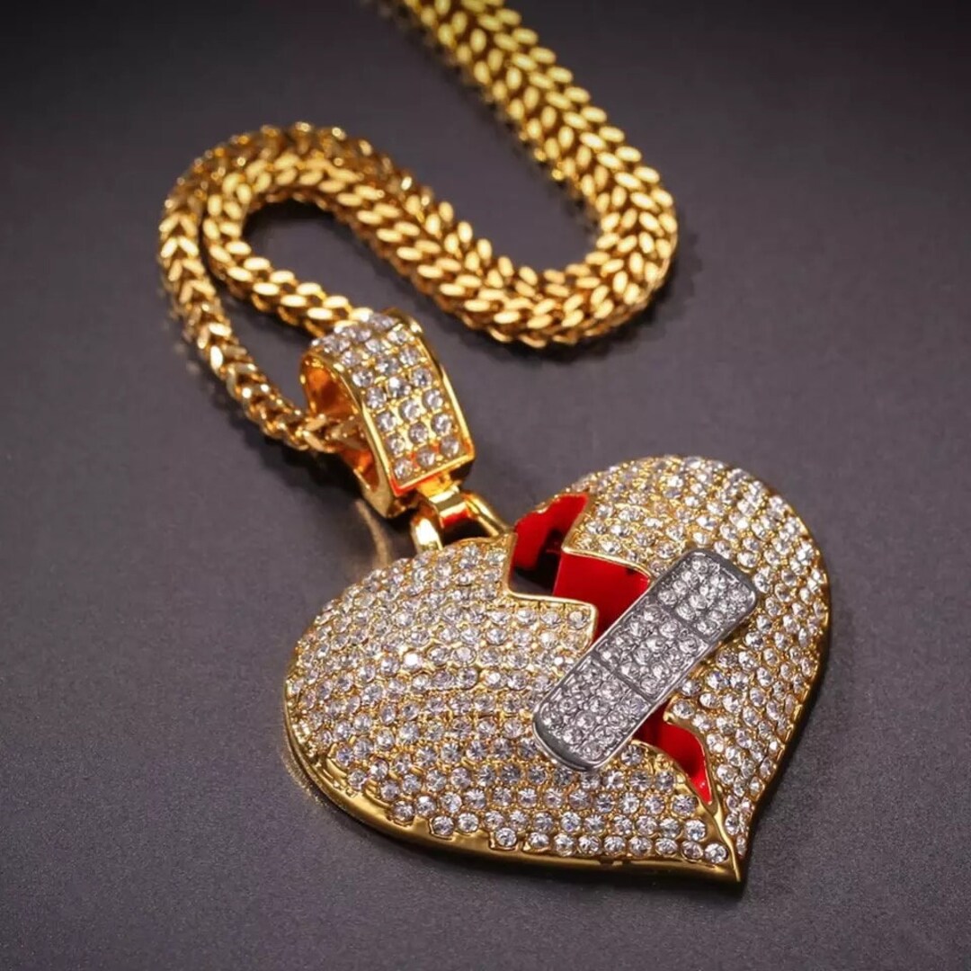 18k Gold Plated Iced Out Broken Heart Pendant Hip Hop Etsy