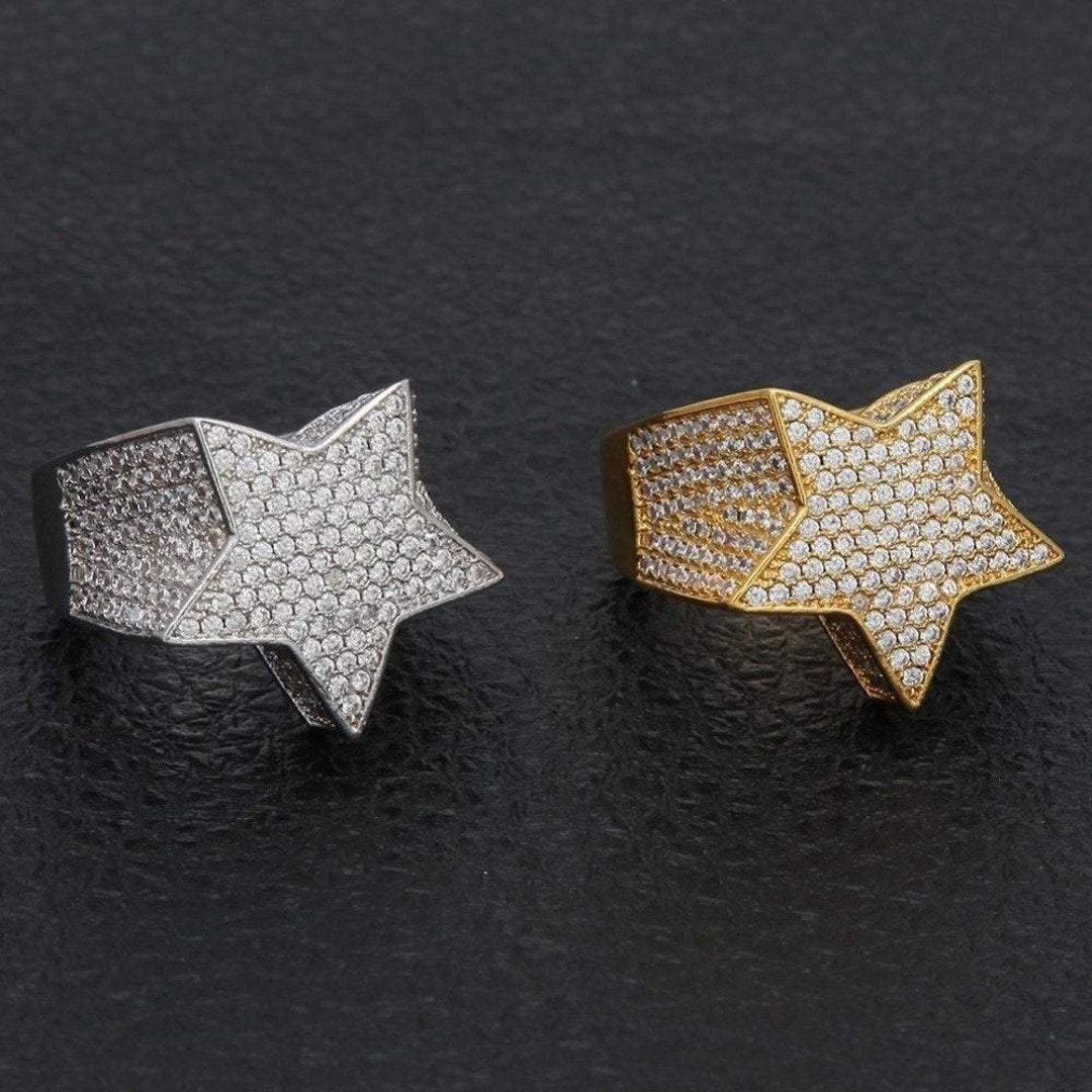18k Gold Plated Iced Out Star 18mm Ring Jewelry Diamond - Etsy