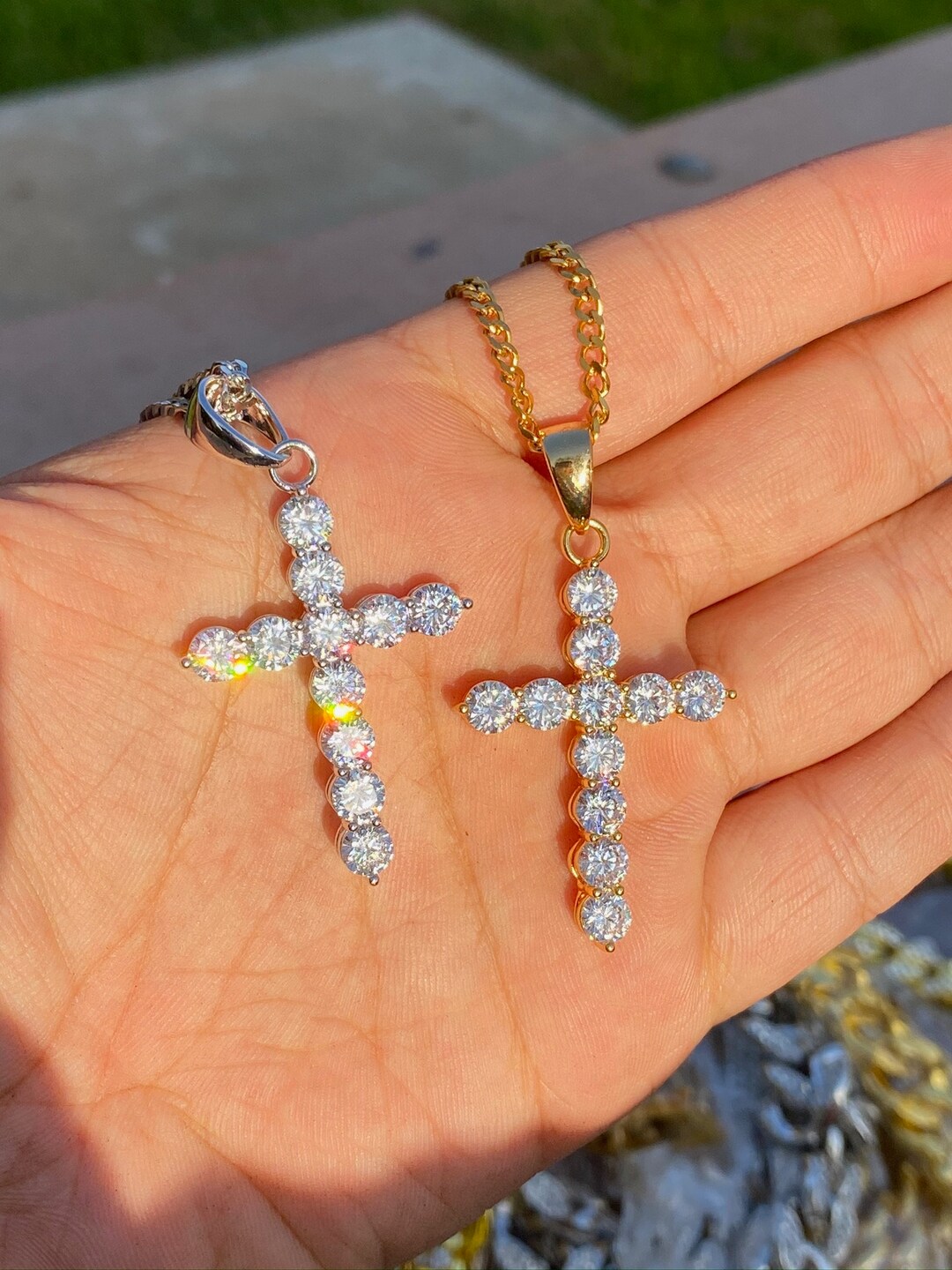 14k Gold Finish Solitaire Iced Out Cross Charm Pendant With 24 - Etsy