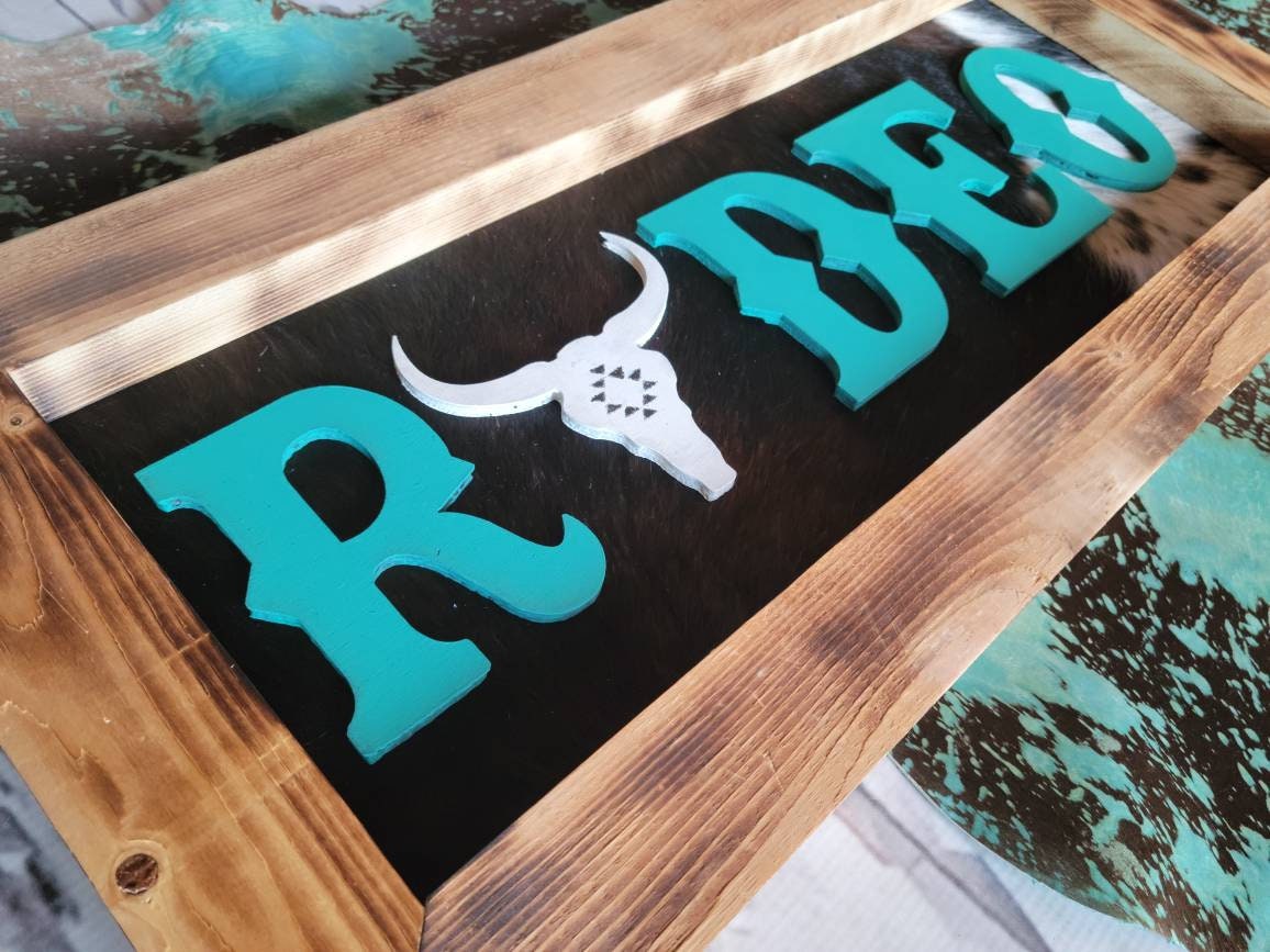 Rodeo Sign With Cowhide, Burnt Wood Frame, Western Home Decor ...