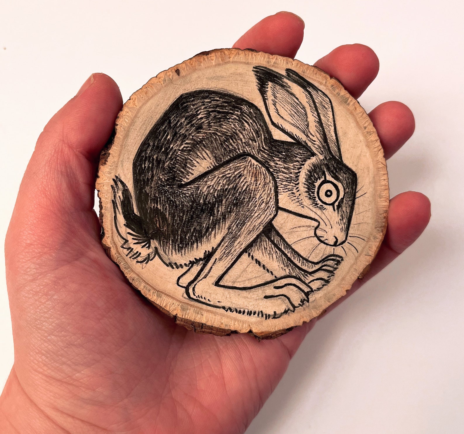 Wild Hares - Original Ink Drawings on Wood - Folk Art Wood Rounds - Etsy