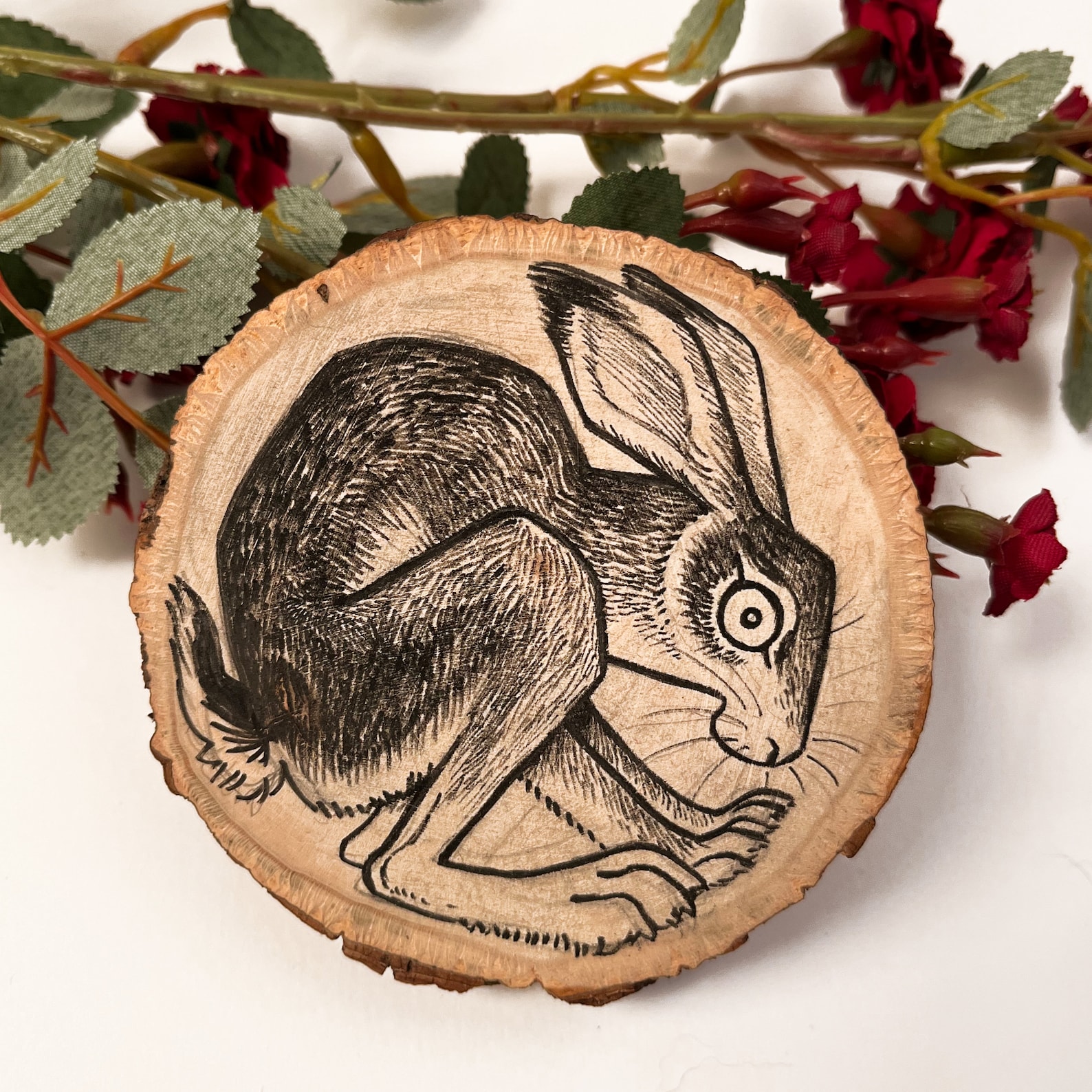 Wild Hares - Original Ink Drawings on Wood - Folk Art Wood Rounds - Etsy