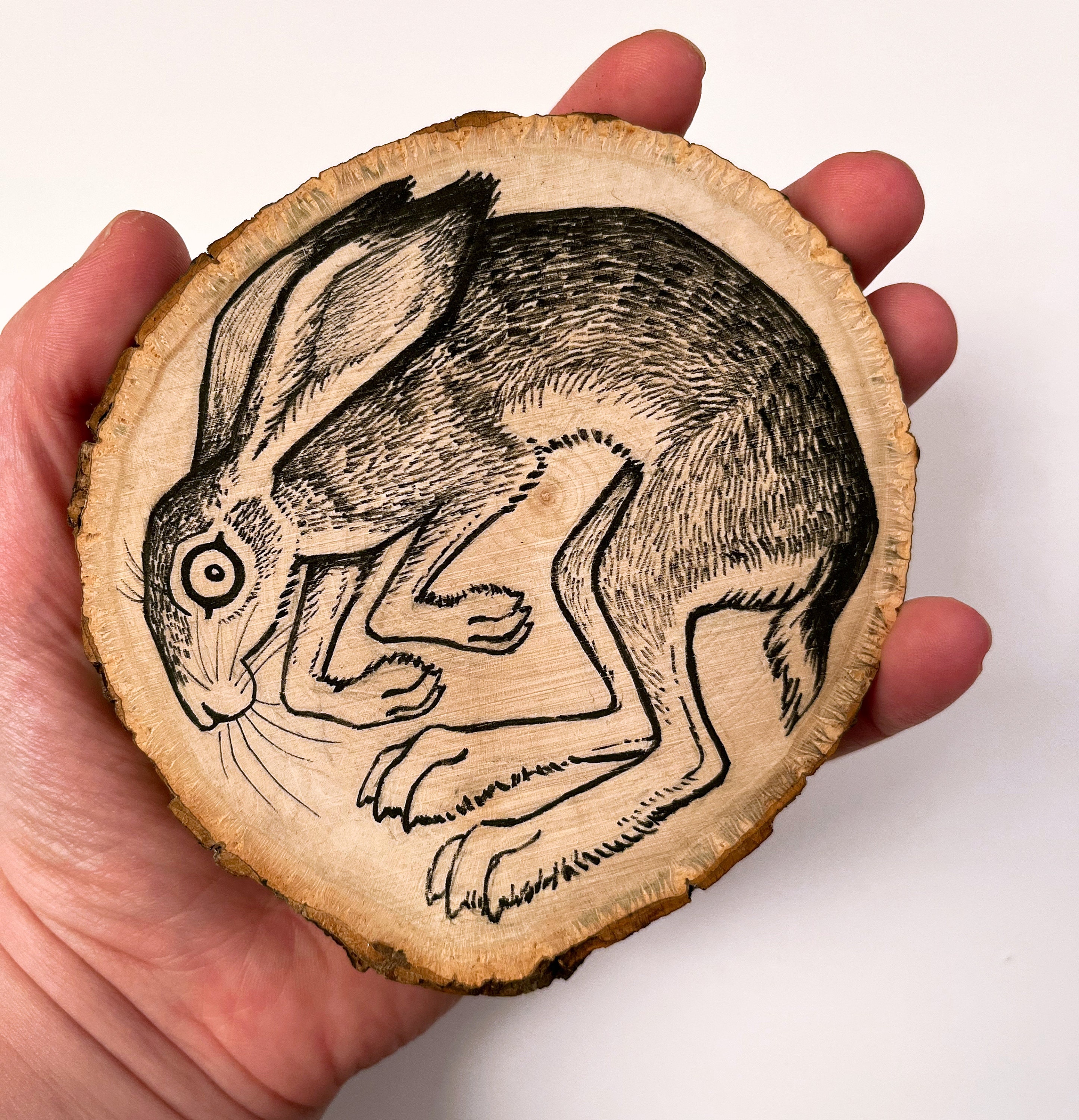 Wild Hares - Original Ink Drawings on Wood - Folk Art Wood Rounds - Etsy