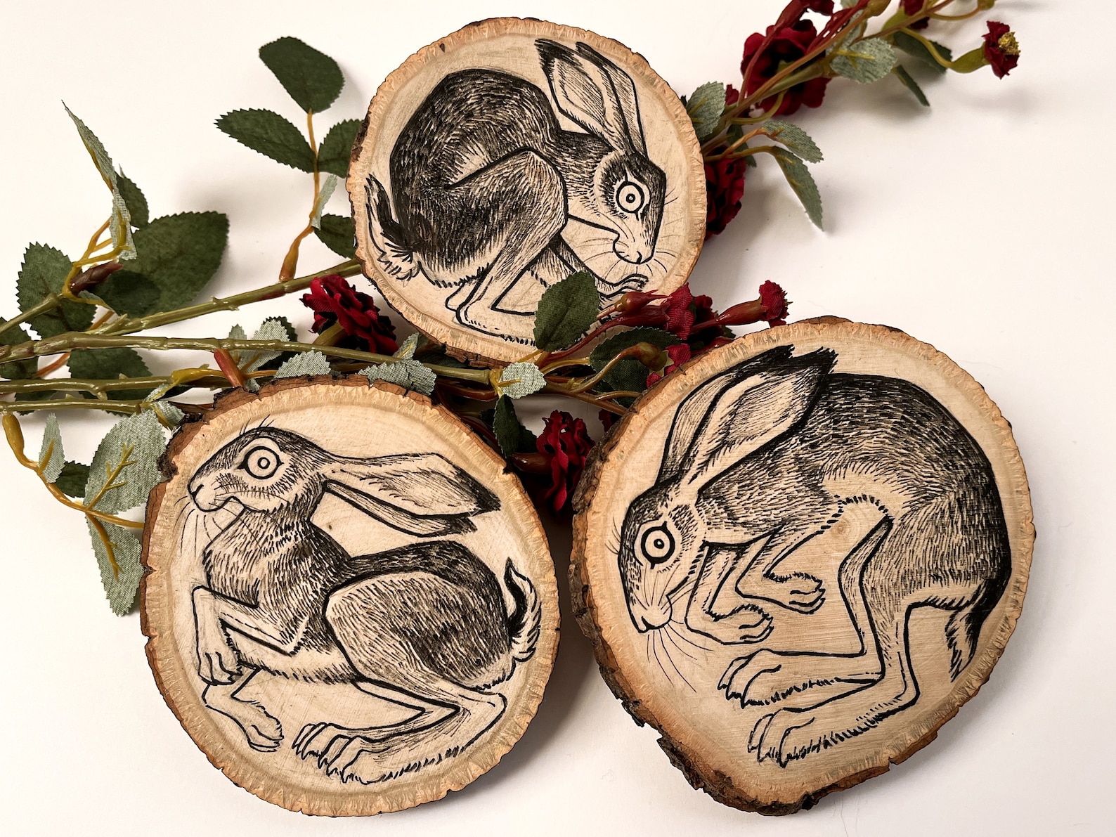 Wild Hares - Original Ink Drawings on Wood - Folk Art Wood Rounds - Etsy