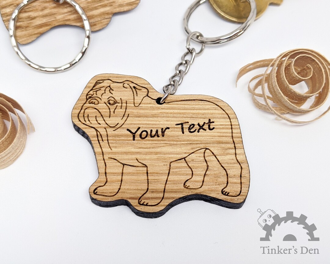 English Bulldog Key Ring Oak Personalised Gift Wooden Keyring Dog Key ...