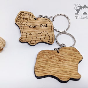 English Bulldog Key Ring Oak Personalised Gift Wooden Keyring Dog Key ...