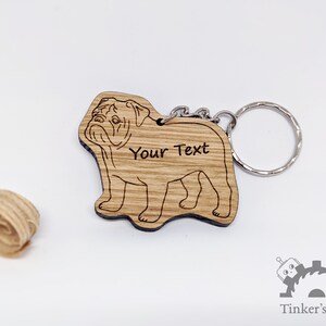 English Bulldog Key Ring Oak Personalised Gift Wooden Keyring Dog Key ...