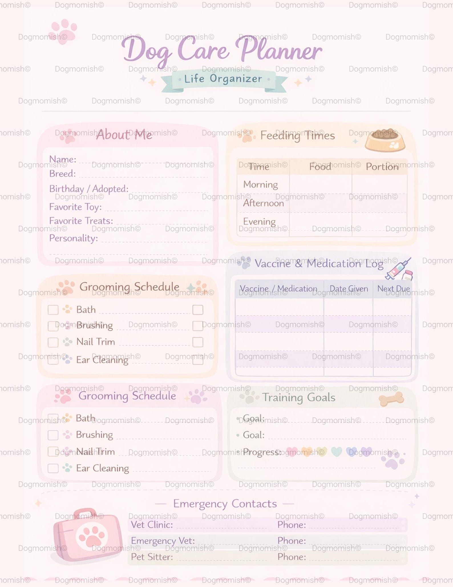 Dog Care Planner Printable | Pastel Pet Life Organizer | Vet Visits ...
