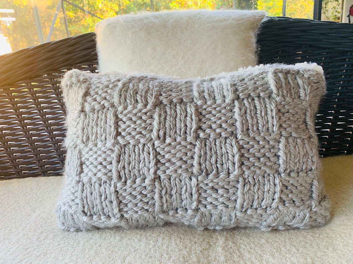 Knitted Throw Pillow, Handmade Knitted Pillow, Decorative Pillow, Gray ...