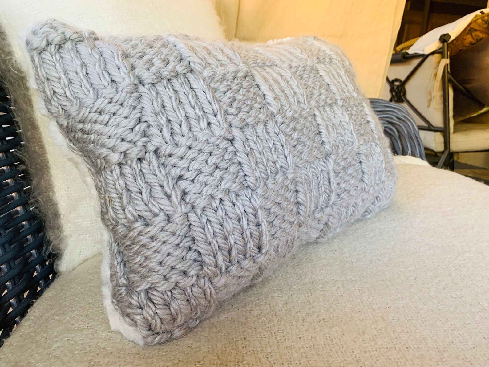 Knitted Throw Pillow, Handmade Knitted Pillow, Decorative Pillow, Gray ...