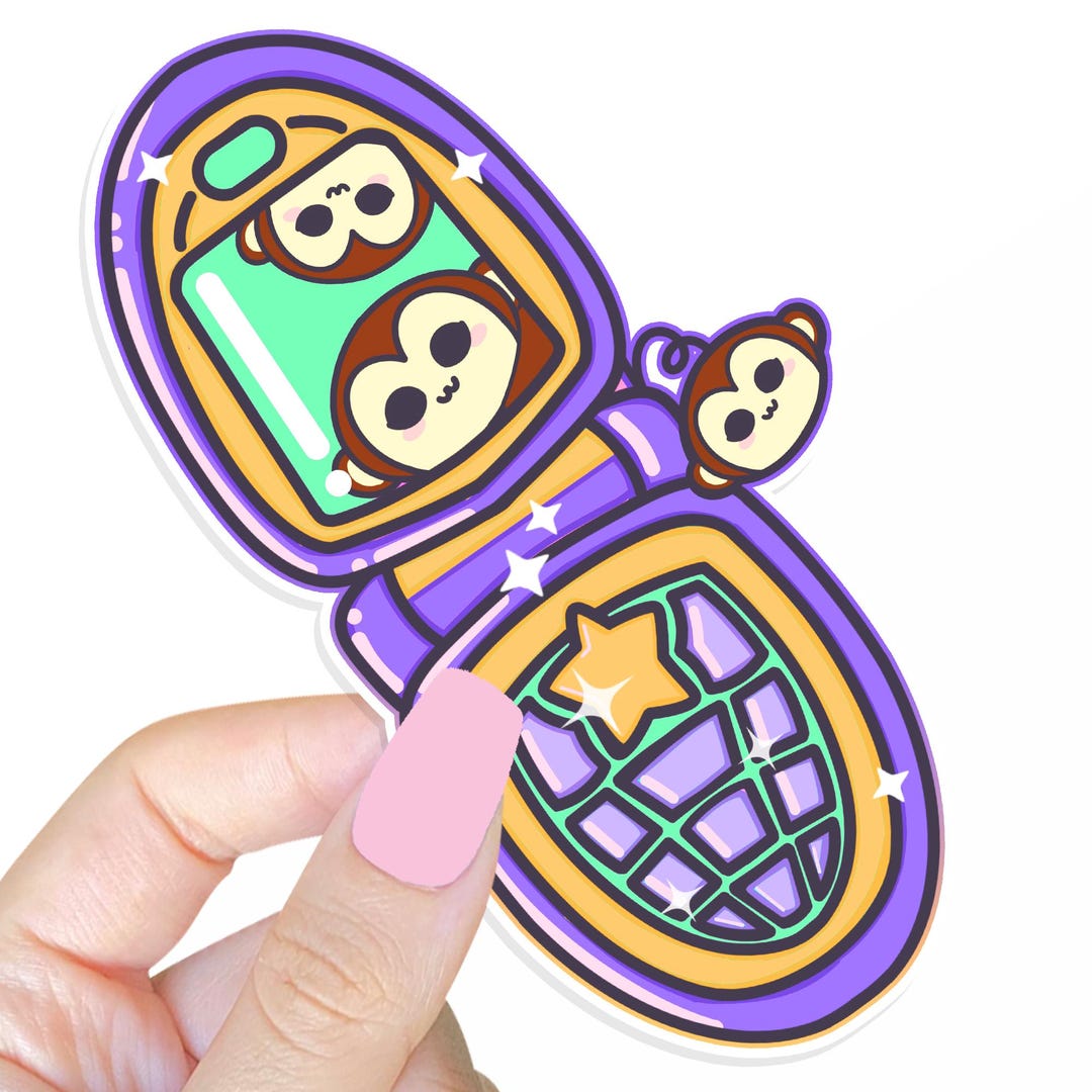 Flip Phone Fun Monkey Friend Die Cut Sticker - Kawaii Monkey Sticker ...