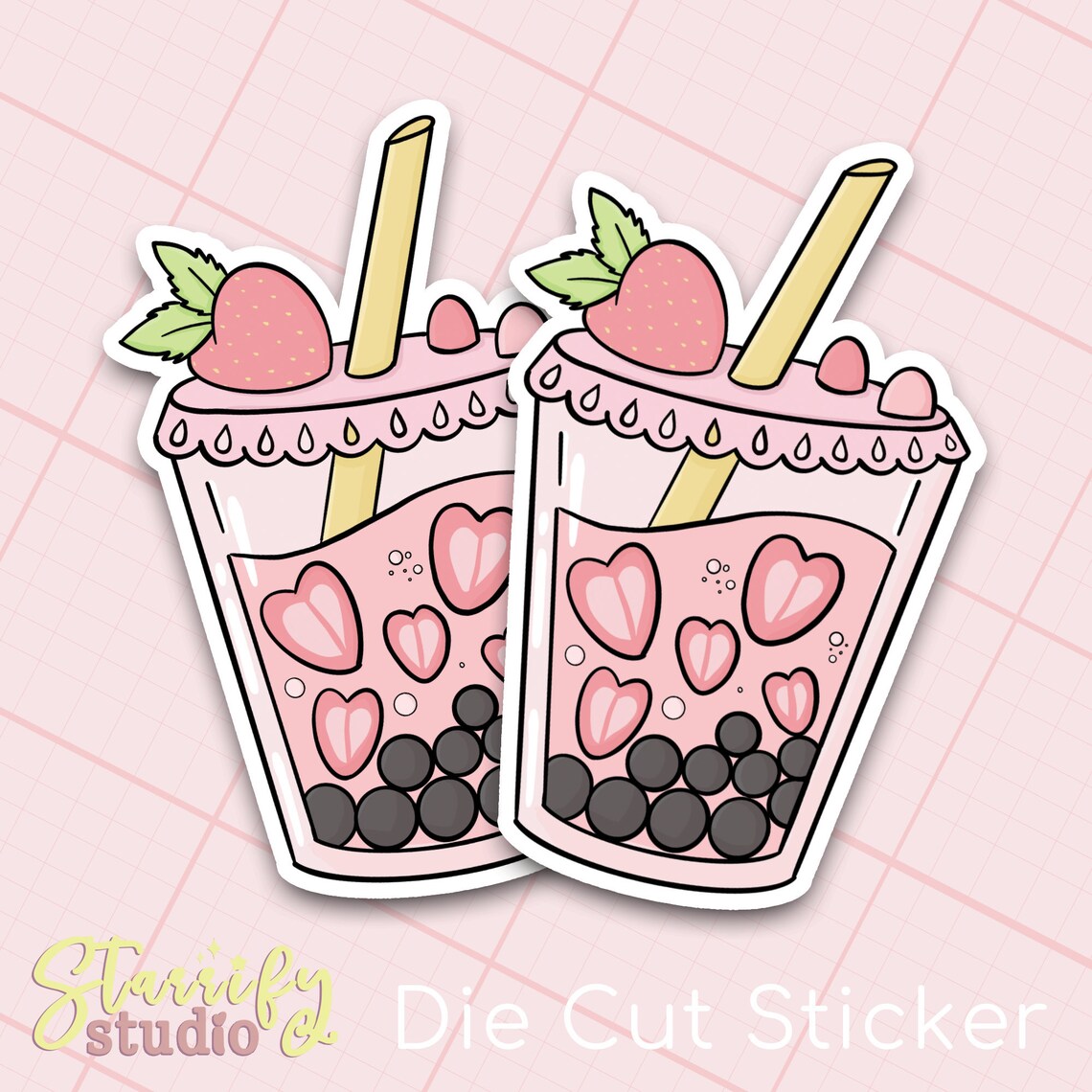 Strawberry Boba Die Cut Sticker Boba Stickers Strawberry - Etsy