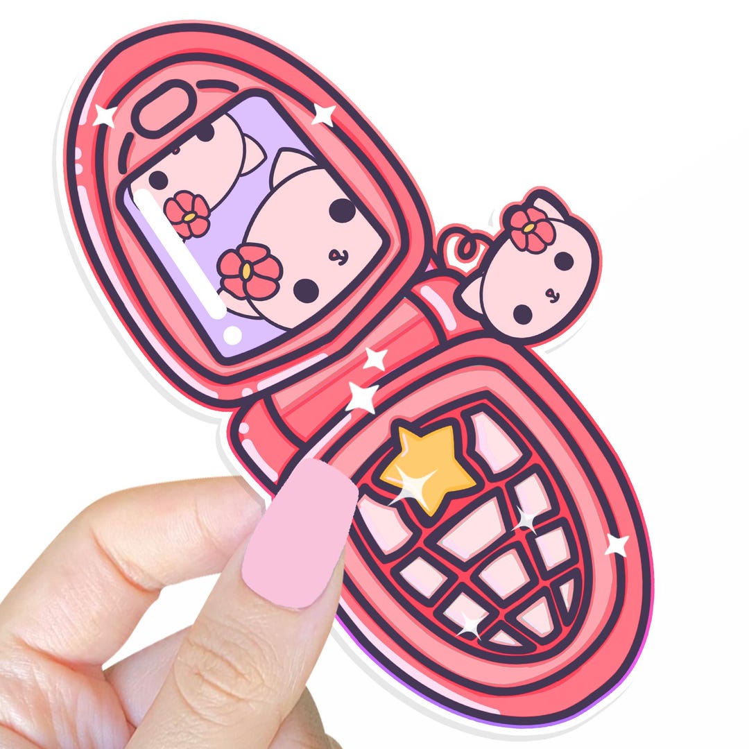 Flip Phone Fun Kitty Friend Die Cut Sticker - Kawaii Kitty Sticker ...