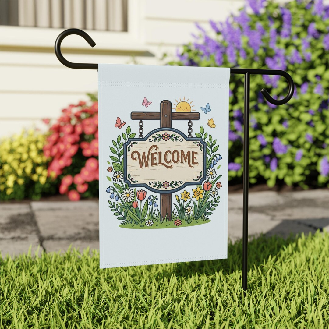 Floral Welcome Yard Sign | Playfull Butterflies, Smiling Sun Peeking ...