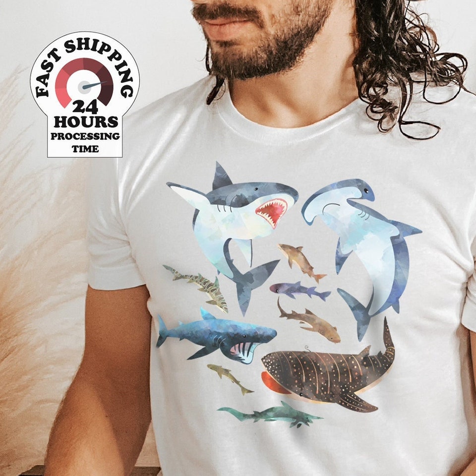 Watercolor Shark Shirts, Types Of Sharks Shirt, Illustrated T Shirt ...