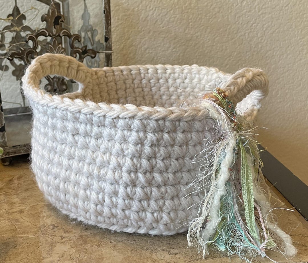 Cream RECYCLED Yarn Chunky Hand Crocheted Catch-all Basket, Mixed Fiber ...