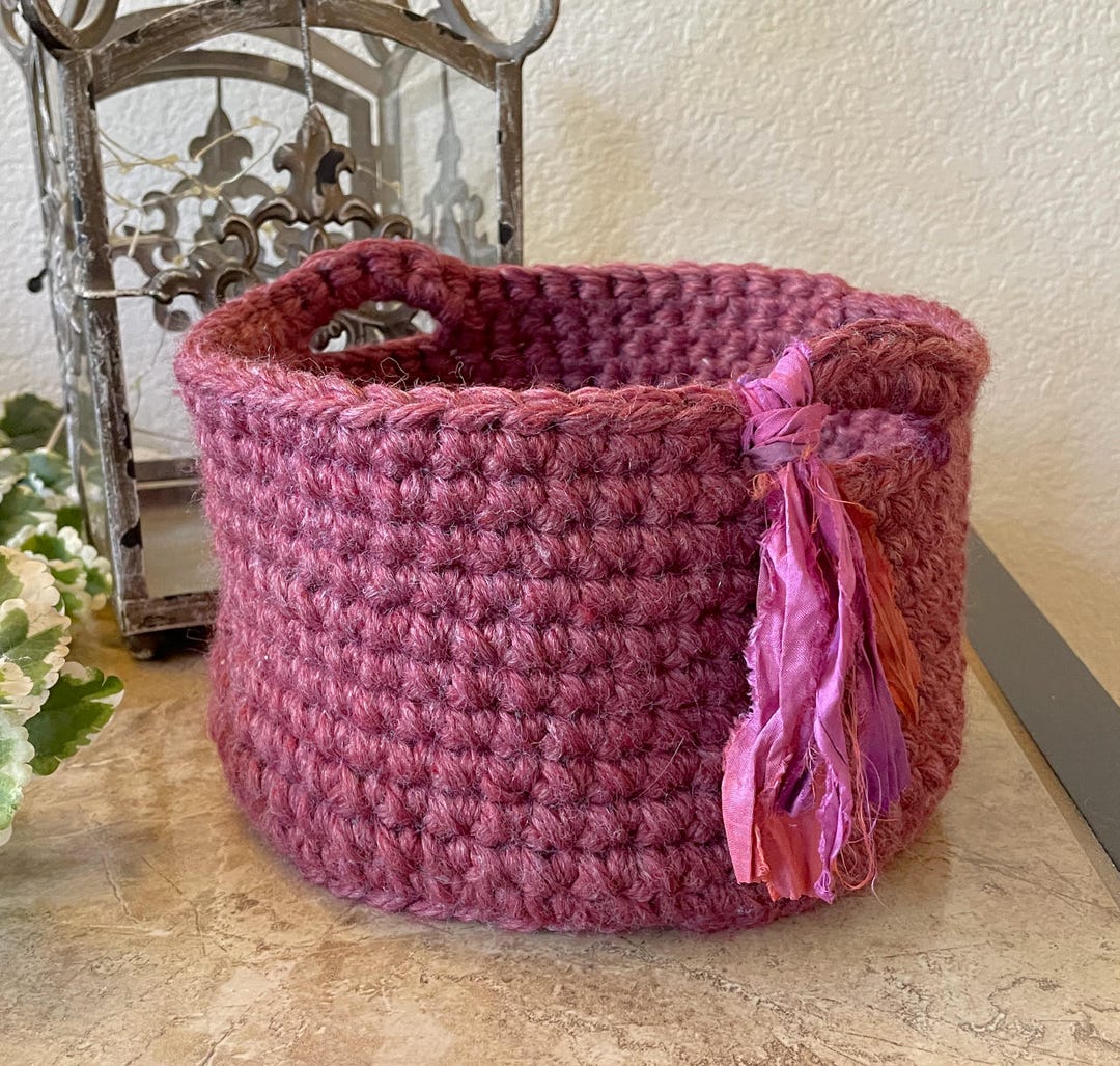 Chunky RECYCLED Yarn Hand Crocheted Catch-all Basket, Sari Silk Tassel ...
